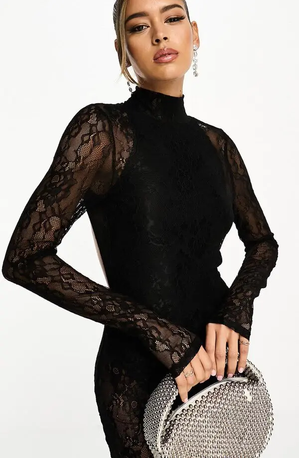 knee length dresses for ladies Loving Look Black Lace Long-Sleeve Twisted Split Maxi Dress – Club L London main image 0