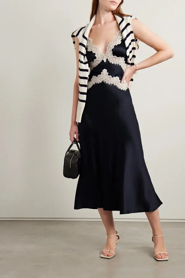 doen navy blue contrast lace-trim midi dress Navy Lace Contrast Collar Midi Dress  self-portrait-US