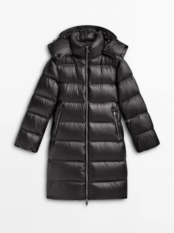 Massimo Dutti Long Down Jacket With Hood In Black 23% Off