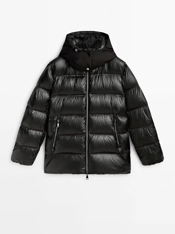 Massimo Dutti Down And Feather Padded Jacket With Hood Black