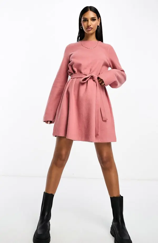 Asos Jumper Long Sleeve Tie Belt Mini Sweater Dress In Pink - 30% Off |  Editorialist