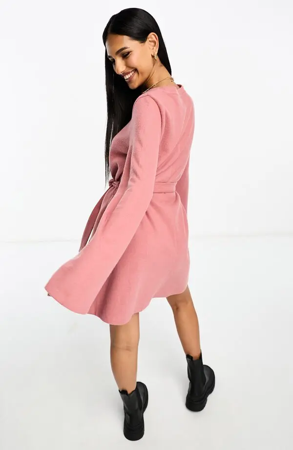 Asos Jumper Long Sleeve Tie Belt Mini Sweater Dress In Pink - 30% Off |  Editorialist