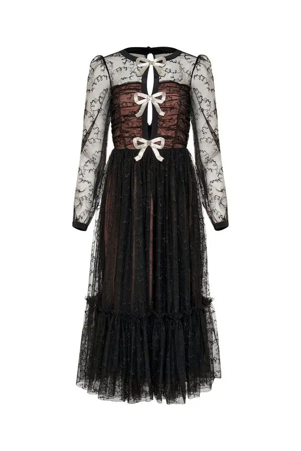 Saloni Camille Tulle Bugle Bows Dress In Black - 65% Off | Editorialist