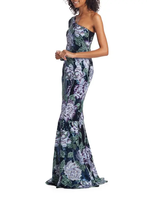 Marchesa Floral-embroidered One-shoulder Gown