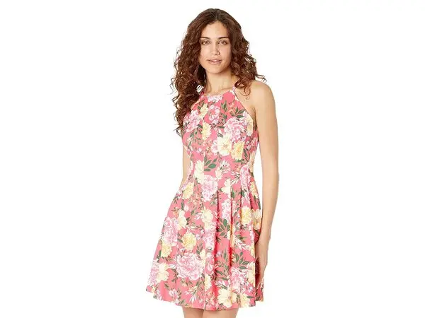 vince camuto printed halter fit & flare dress Vince Camuto Scuba Halter Fit-And-Flare Dress In Pink - 7% Off