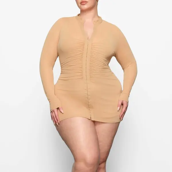 Skims Mesh Long Sleeve Ruched Dress - Ochre | Editorialist