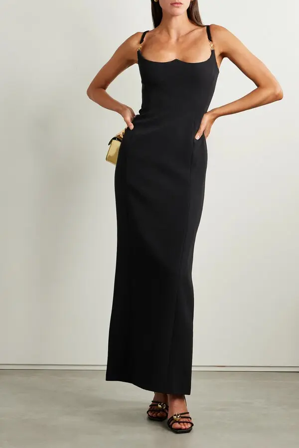 versace sleeveless silk cady long dress Versace Icons Embellished Silk-Cady Maxi Dress In Black - 50% Off