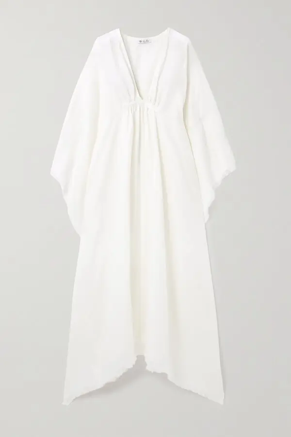 Loro Piana Gloria Frayed Gathered Linen Maxi Dress - Off-white