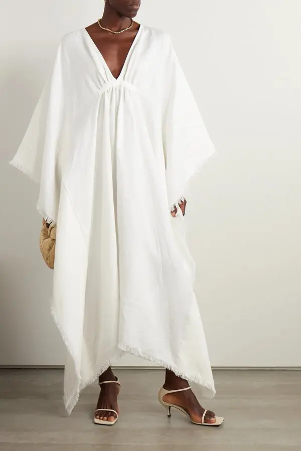 Loro Piana Gloria Frayed Gathered Linen Maxi Dress - Off-White |  Editorialist