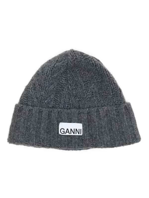 GANNI Logo-patch Ribbed-knit Beanie