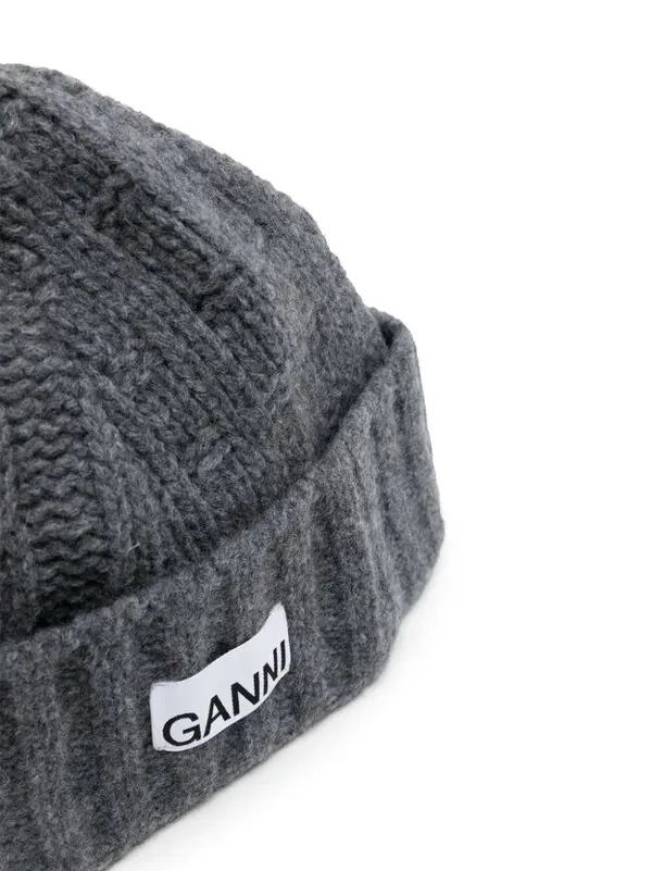 GANNI Logo-patch Ribbed-knit Beanie