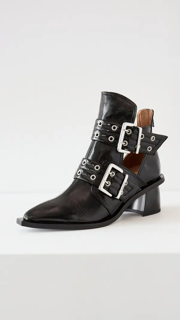 Ganni Chunky Buckle Open Cut Boots Naplack In Black - 60% Off