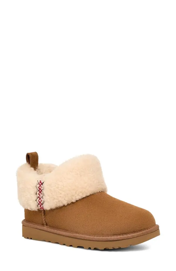 UGG Ultra Mini Braid Genuine Shearling Bootie - Chestnut