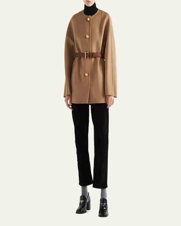 Prada Double Wool Leather Belted Caban Jacket