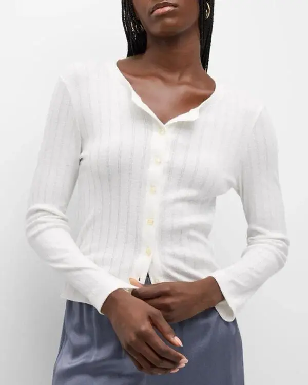 LESET Pointelle Classic Crewneck Cardigan - White