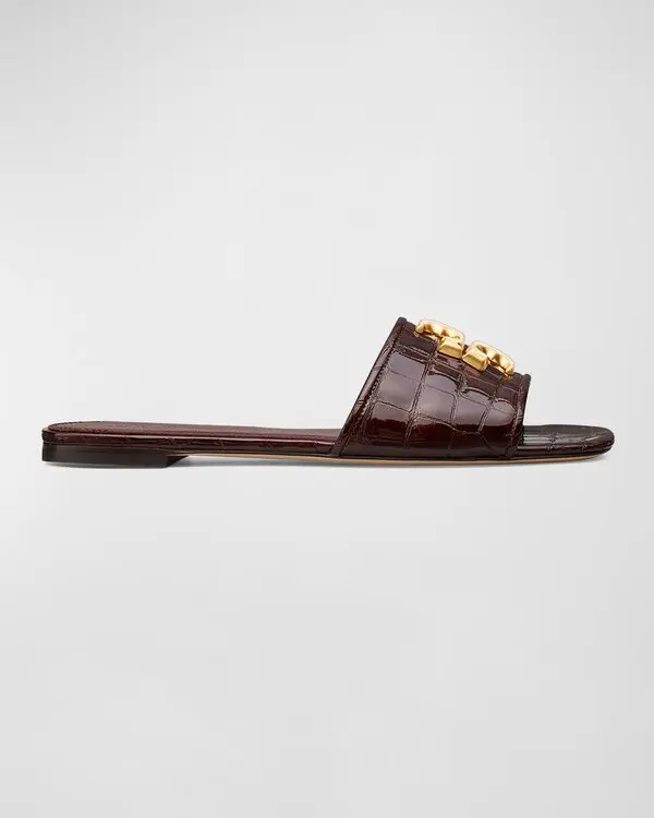 Tory Burch Eleanor Croco Medallion Flat Sandals Brown Croc