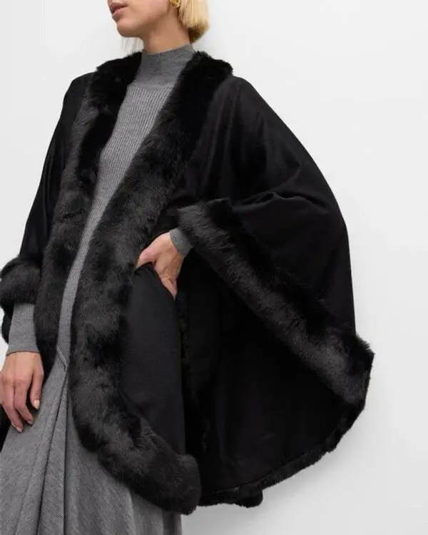 Sofia Cashmere Faux Fur Trim Cape - Black