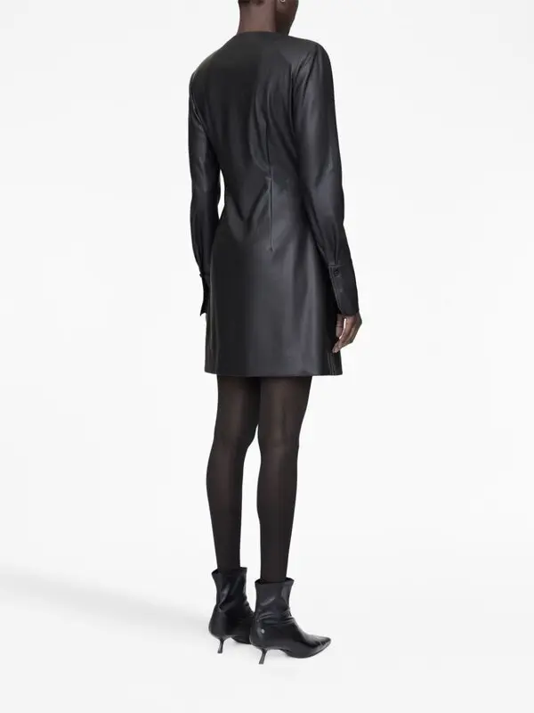 faux leather wrap mini dress Faux Leather Pleated Neck Belted Wrap Mini Dress