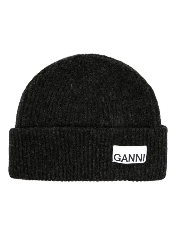 GANNI Logo-patch Ribbed Beanie - Black