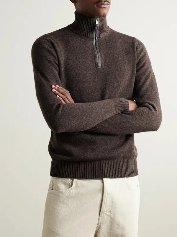 Purdey Leather-trimmed Cashmere Half-zip Sweater - Brown