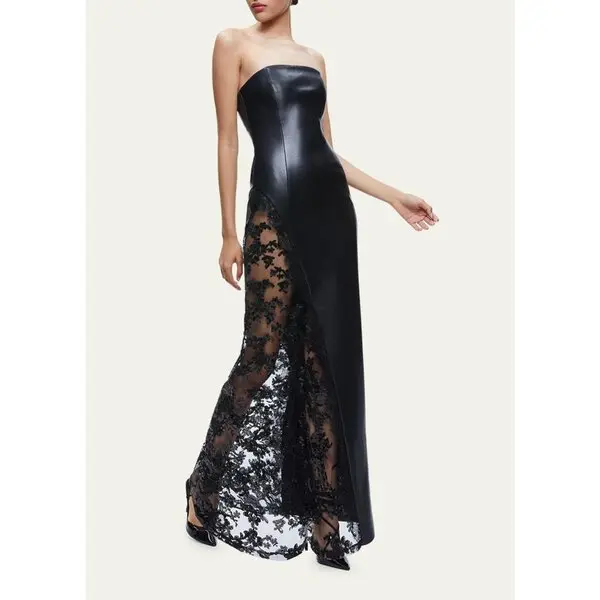 Alice + Olivia Retha Strapless Vegan Leather Lace Maxi Dress