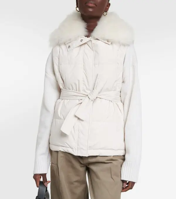 YVES SALOMON Belted Shearling-trimmed Down Jacket