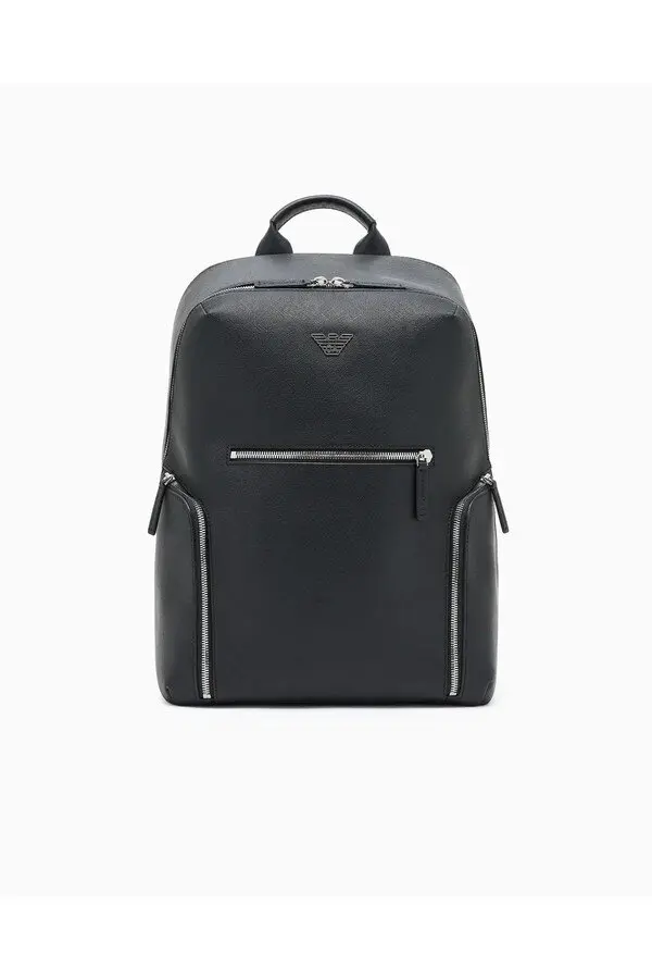 Emporio Armani Asv Regenerated Saffiano Leather Backpack With Eagle Plate - Black
