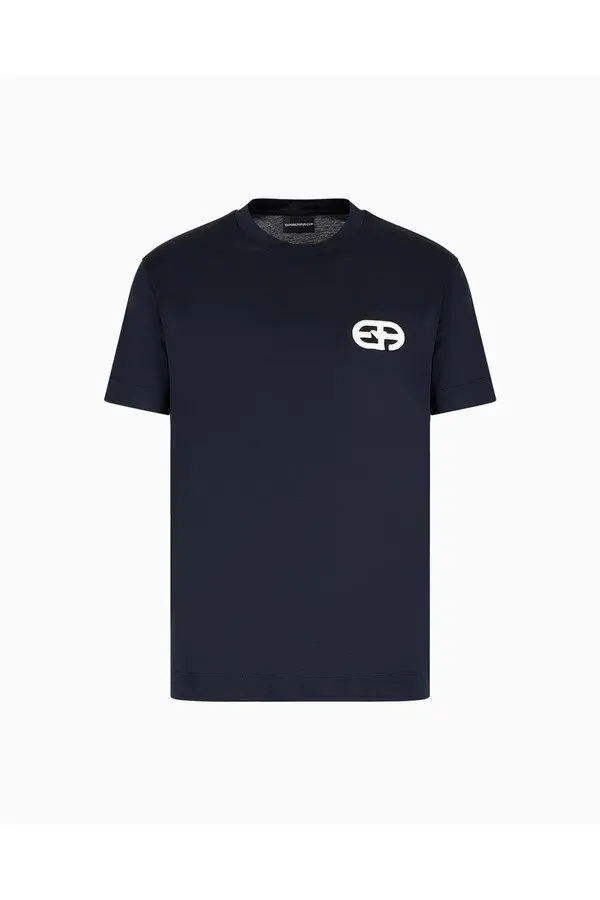Emporio Armani Lyocell-blend Jersey T-shirt With Embossed Ea Logo Embroidery - Navy
