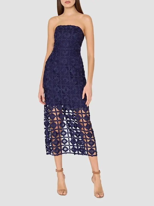 MILLY Kait Strapless Tiled Lace Midi-dress - Navy