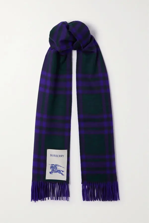 Burberry AppliquéD Fringed Checked Cashmere Scarf In Green - 40