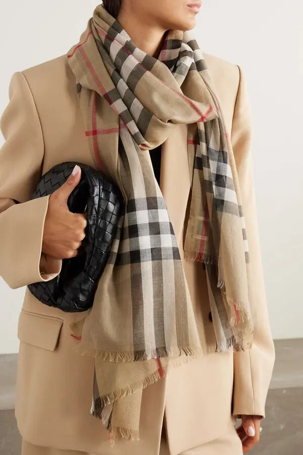 Burberry Fringed Checked Wool And Silk-blend Scarf - Beige