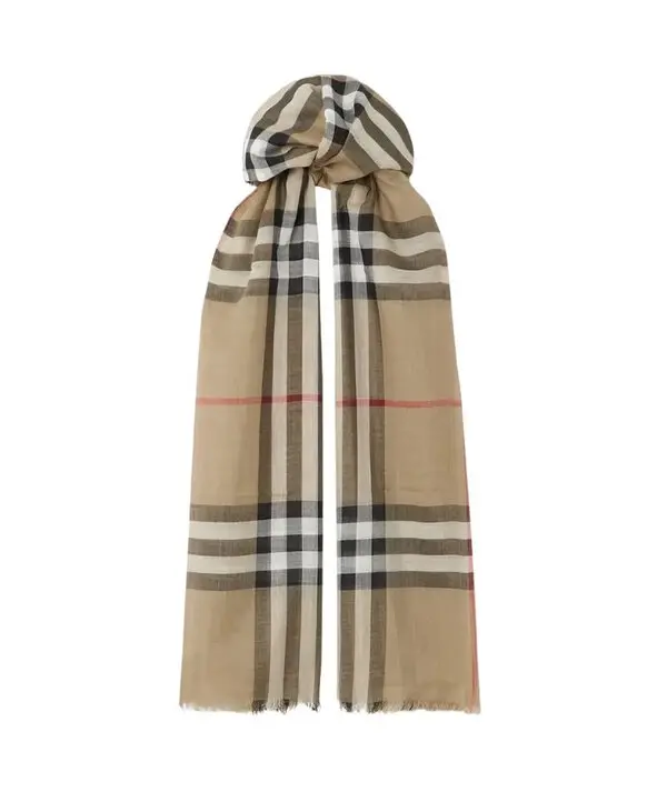 Burberry Fringed Checked Wool And Silk-blend Scarf - Neutrals