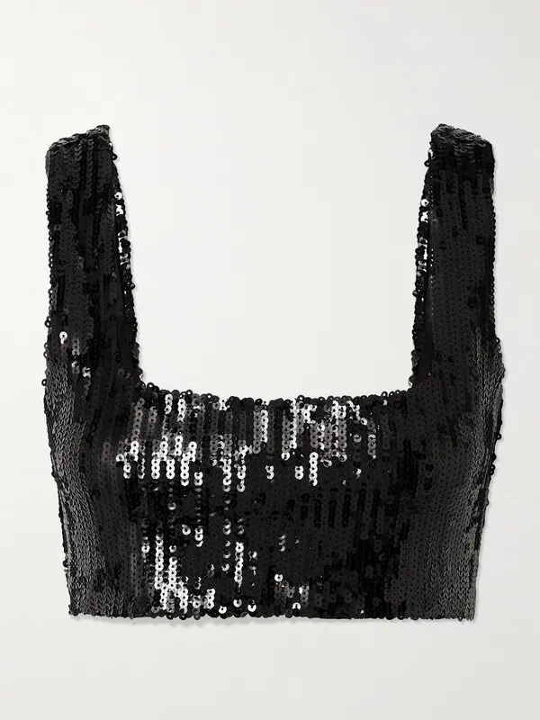 Galvan Beating Heart Cropped Sequined Tulle Top - Black