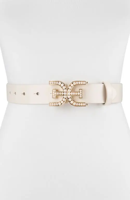Sam Edelman Imitation Pearl Logo Plaque Leather Belt - Ivory