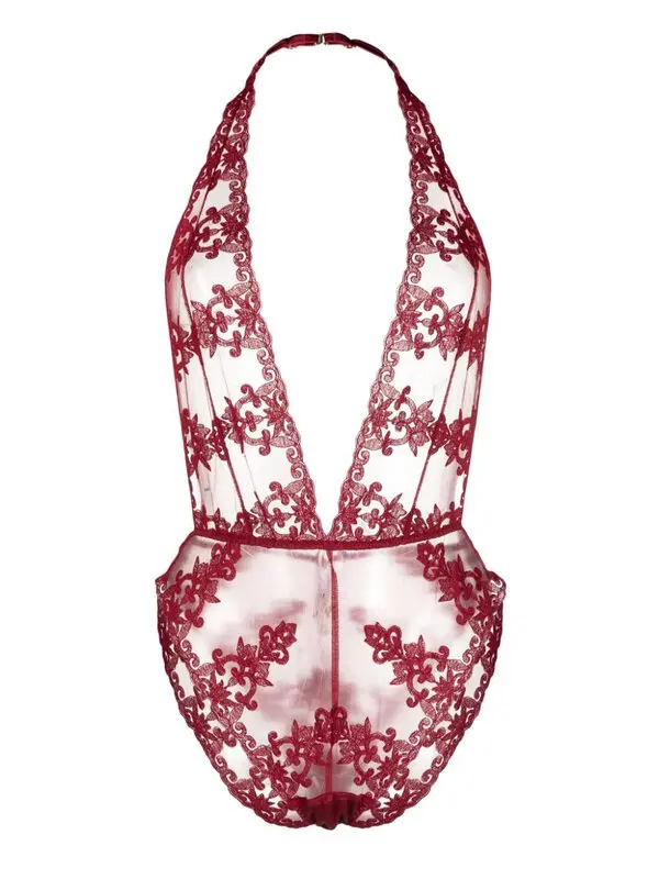 FLEUR OF ENGLAND Gisele Floral-embroidered Halterneck Body - Red