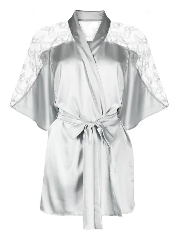 FLEUR OF ENGLAND Sigrid Lace-panelled Satin Robe - Grey