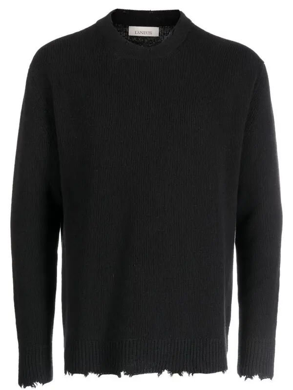 LANEUS Distressed Crew-neck Wool Jumper - Black