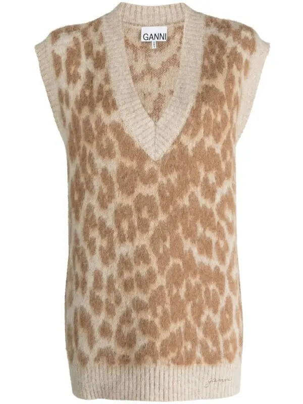 GANNI Leopard-jacquard Vest - Neutrals