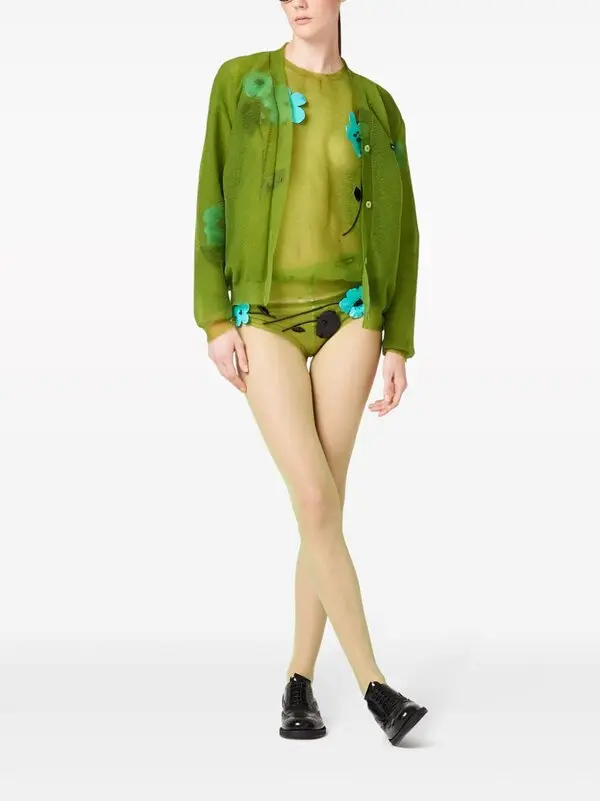 Miu Miu Logo-Patch Semi-Sheer Cardigan - Green | Editorialist