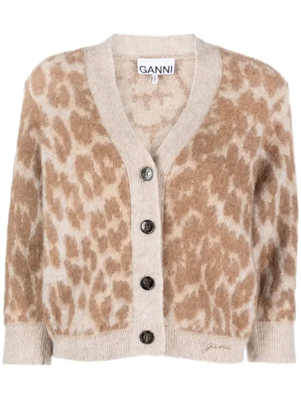 GANNI Leopard-jacquard V-neck Cardigan