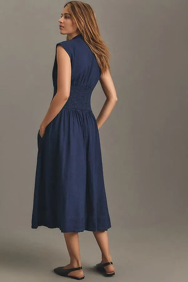 By Anthropologie, Maeve The Tommie Cap-Sleeve Smocked Front-Zip Shirt Dress:  Denim Edition In Blue - 64% Off | Editorialist