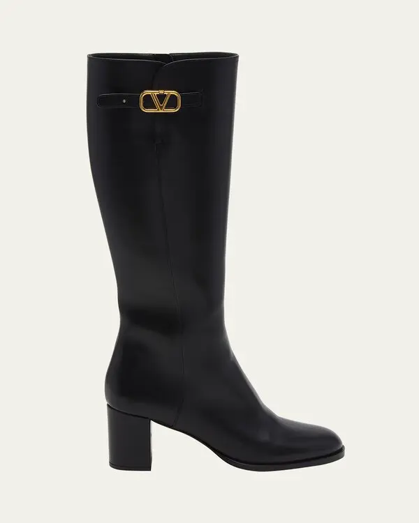 Valentino Garavani Leather Knee High Boots With Logo