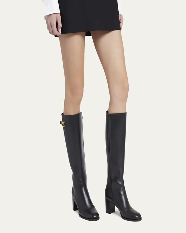 Valentino Garavani Leather Knee High Boots With Logo
