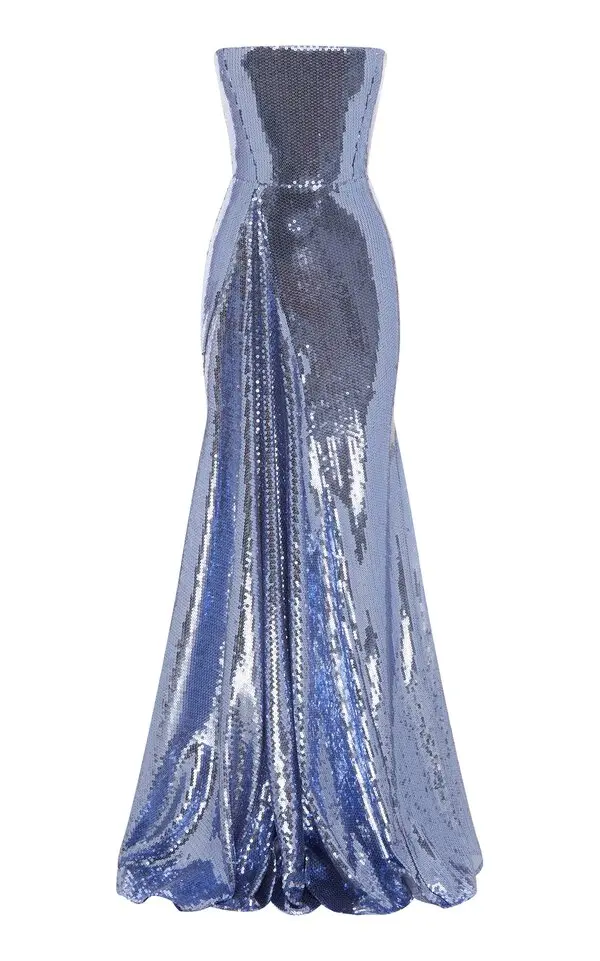 alex perry blue strapless dress Sequined Satin Crepe Gown - Light blue Elegant Maxi Long Black GL-04.20.26 concealed zipped back Size:EU 36.5