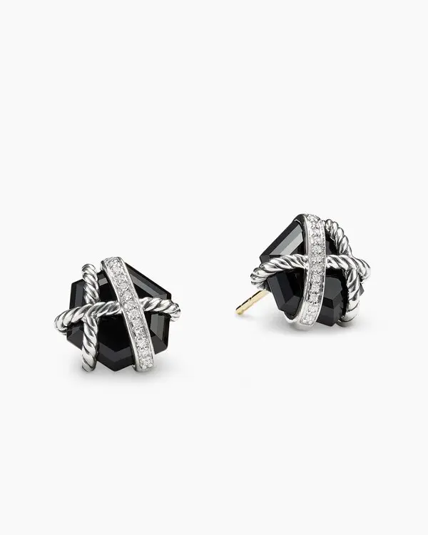 David Yurman Cable Wrap Stud Earrings In Sterling Silver With Diamonds - Black Onyx