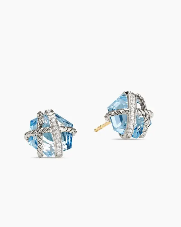 David Yurman Cable Wrap Stud Earrings In Sterling Silver With Diamonds - Blue Topaz