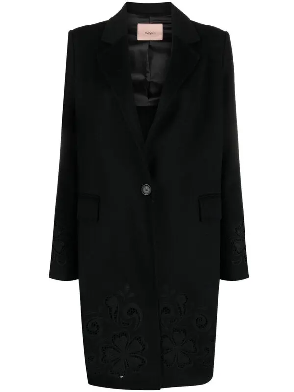 TWINSET Floral-embroidered Single-breasted Coat - Black