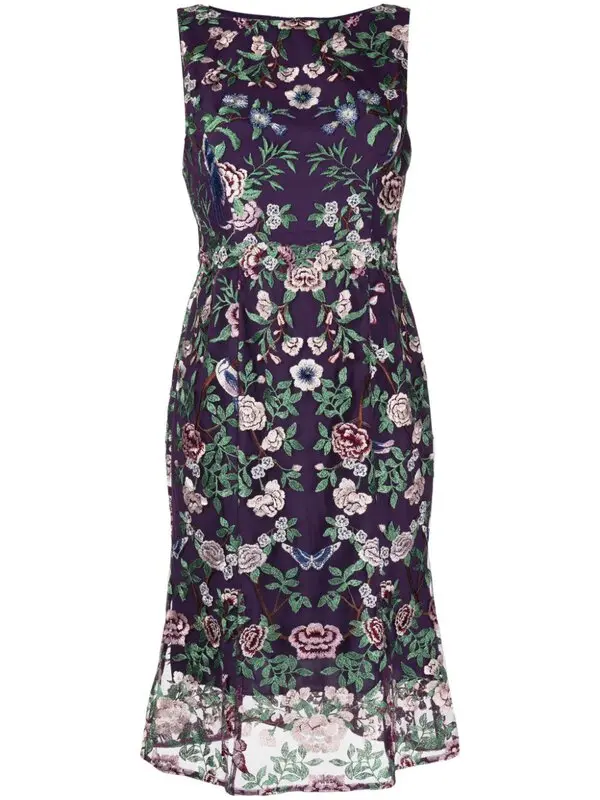 Marchesa Floral Embroidery Boat Neck Midi Dress - Purple