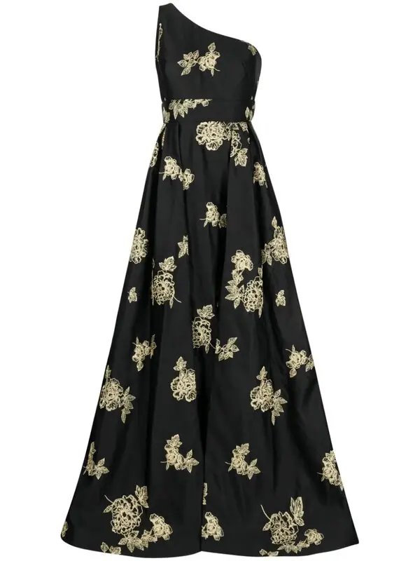 Marchesa Floral-embroidered One-shoulder Gown - Black