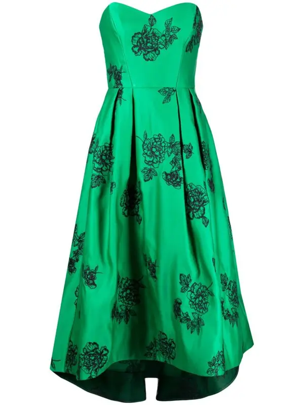 Marchesa Floral-embroidery Strapless Midi Dress - Green